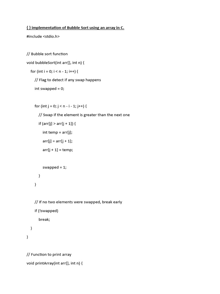 Implementation of Bubble Sort Using An Array in C | PDF