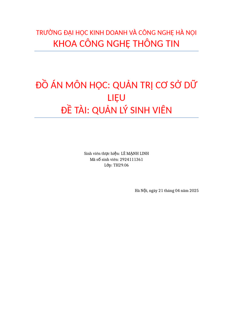 DoAn QuanTriCSDL QuanLySinhVien | PDF