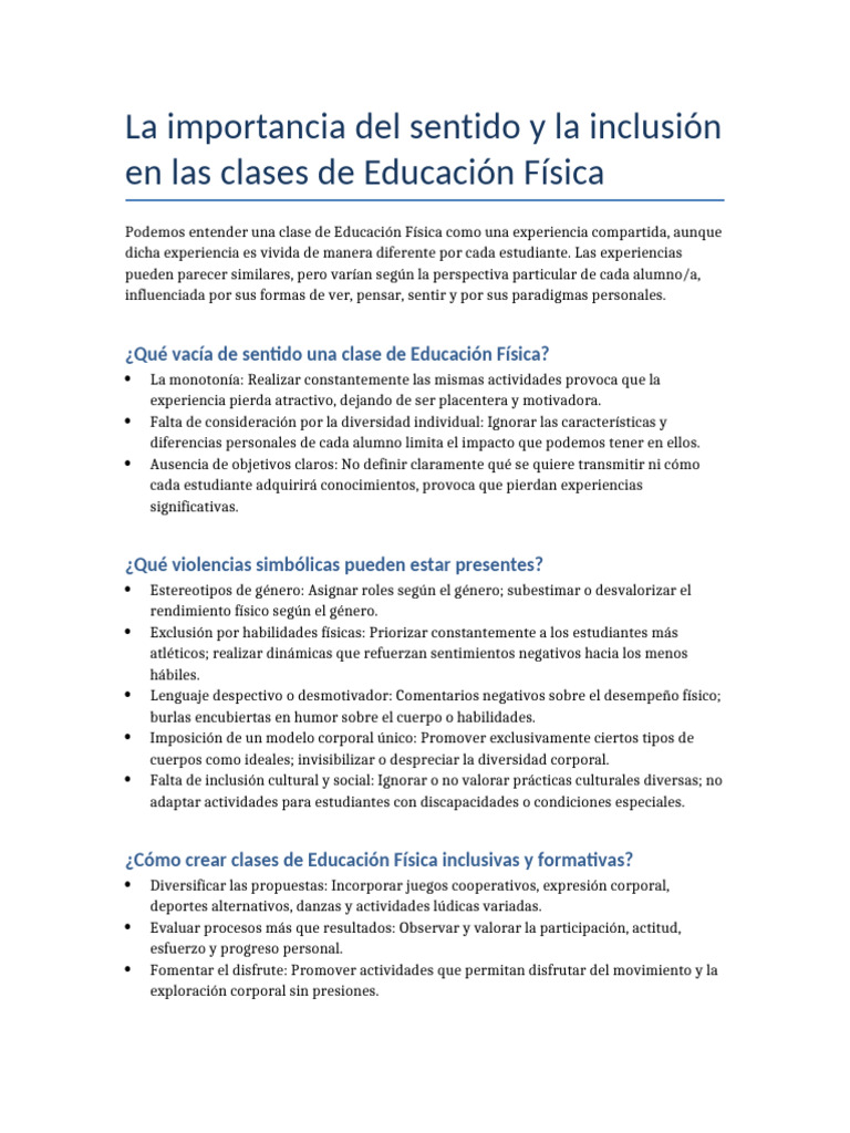 Clase Educacion Fisica | PDF | Experiencia | Inclusión (Educación)