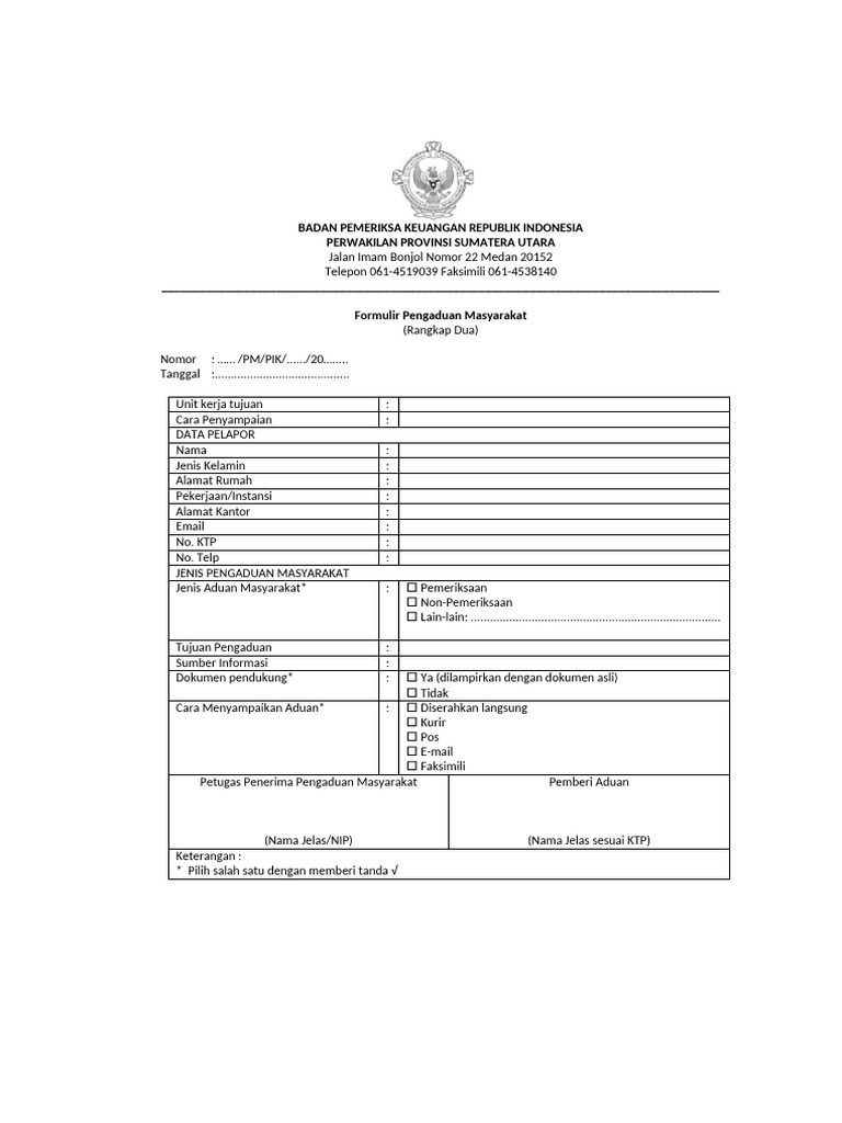 Formulir Pengaduan Masyarakat BPK RI | PDF