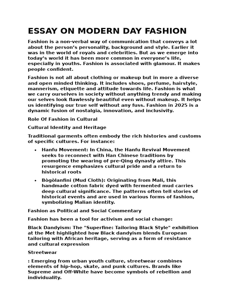 Essay On Modern Day Fashion | PDF | Fashion | Clothing