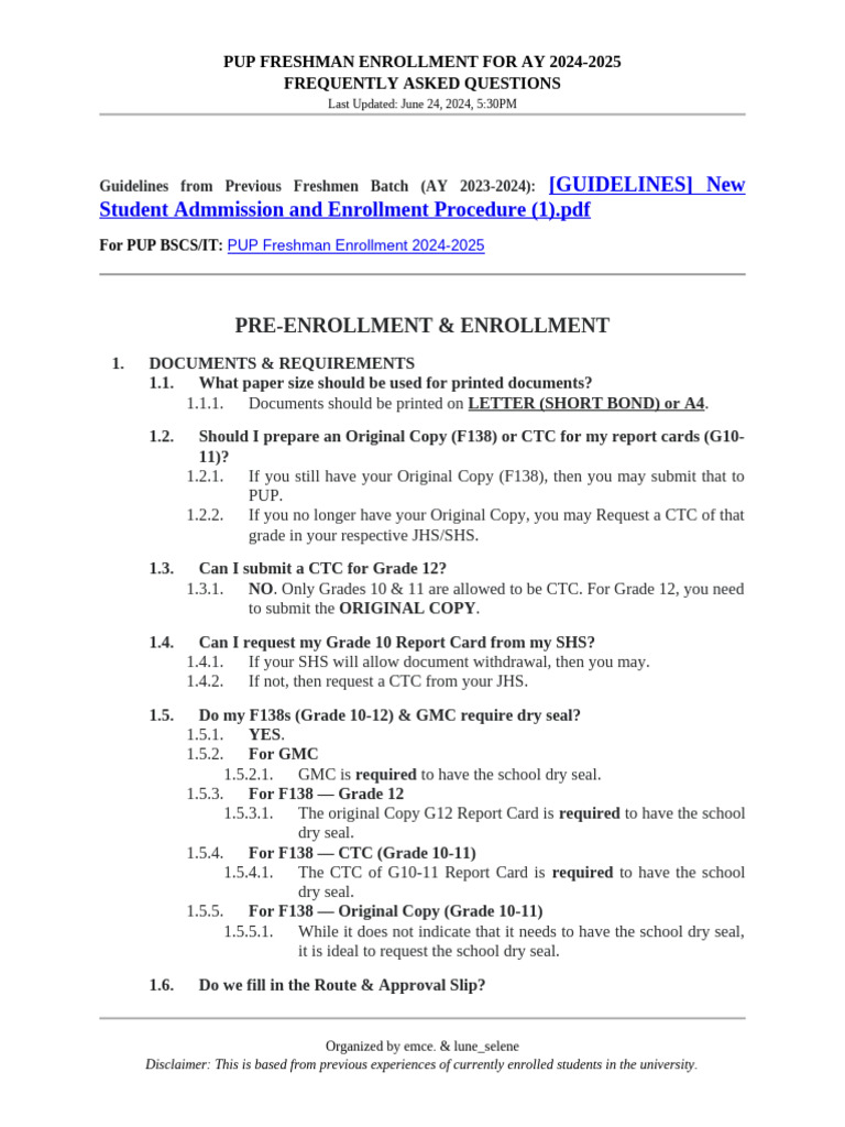 PUP 2425 Freshmen Enrollment (FAQs) | PDF