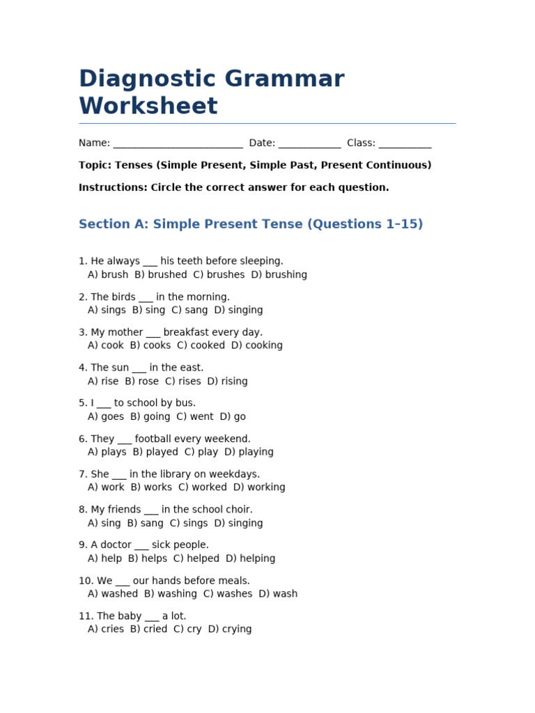Diagnostic Grammar Worksheet | PDF