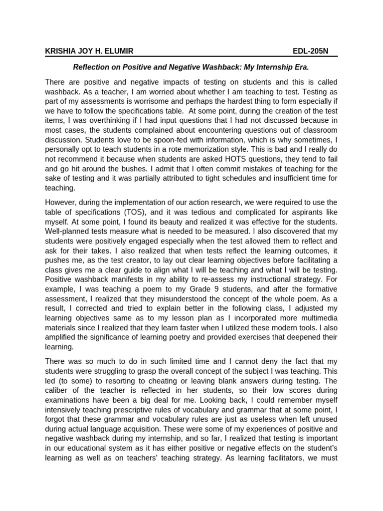 Reflection On Positive and Negative Washback | PDF | Lesson Plan ...