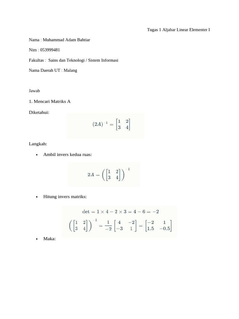 Tugas 1 Aljabar Linear Elementer I | PDF