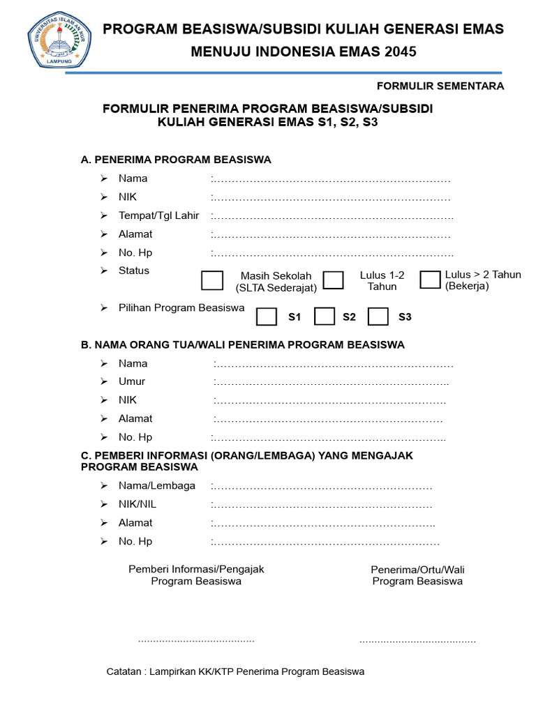 FORMULIR BEASISWA (Sementara) | PDF