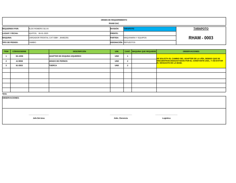 Requerimiento Rham #0003-Tarapoto - Cargador Cat 938h | PDF