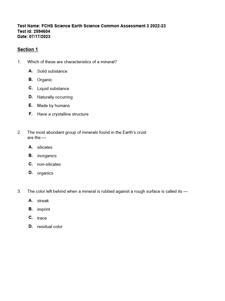 Earth Science Common Assessment 2023 | PDF | Rock (Geology) | Minerals