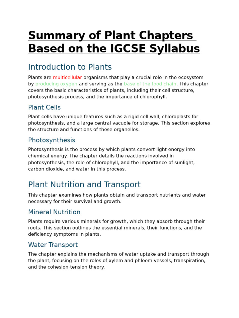 Igcse Biology Notes Abt Plants | PDF | Plants | Plant Hormone