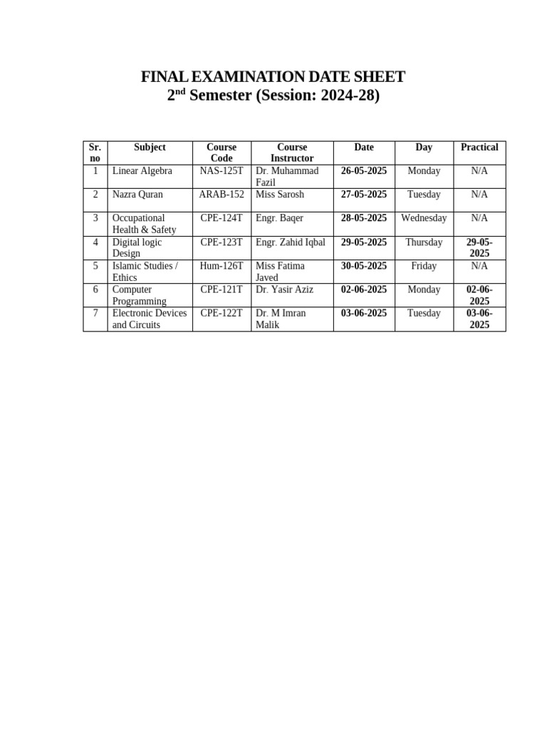 Final Term Date Sheet (2 Sem) | PDF