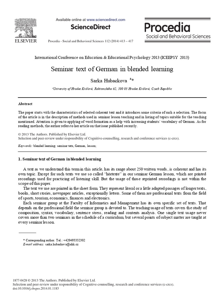 Seminar Text of German in Blended Le - 2014 - Procedia - Social and Behavioral S | PDF ...