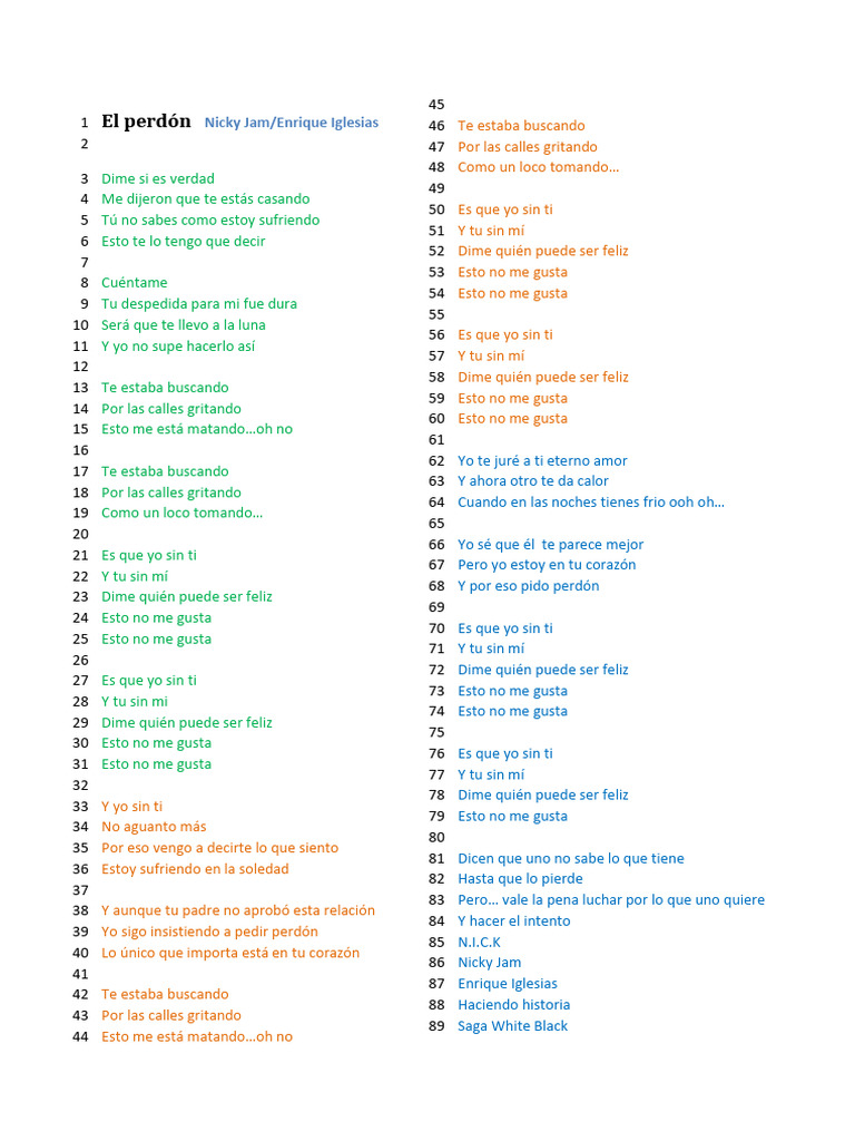 El Perdón Letra - Tarea | PDF