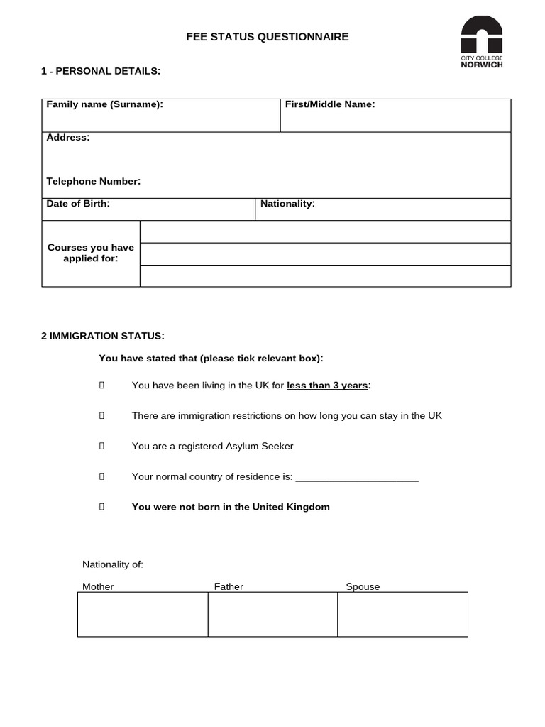 Fee Status Questionnaire | PDF