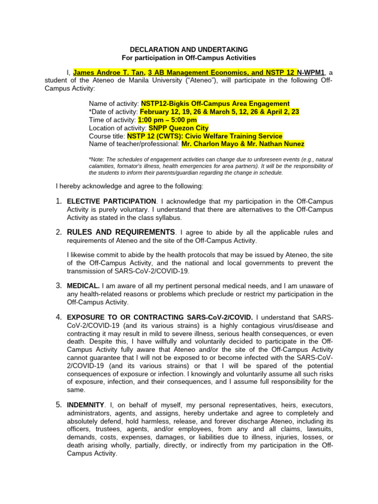 NSTP12 Bigkis Declaration and Undertaking | PDF | Indemnity