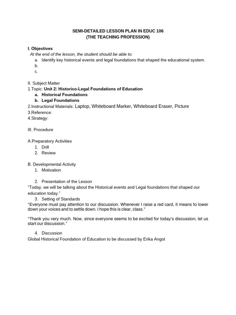 Semi-Detailed Lesson Plan in The Teaching Profession | PDF | Tort ...