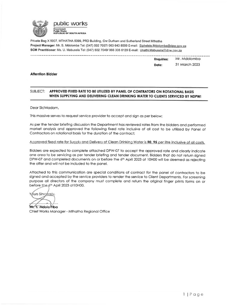 Water Delivery Offer Letter | PDF