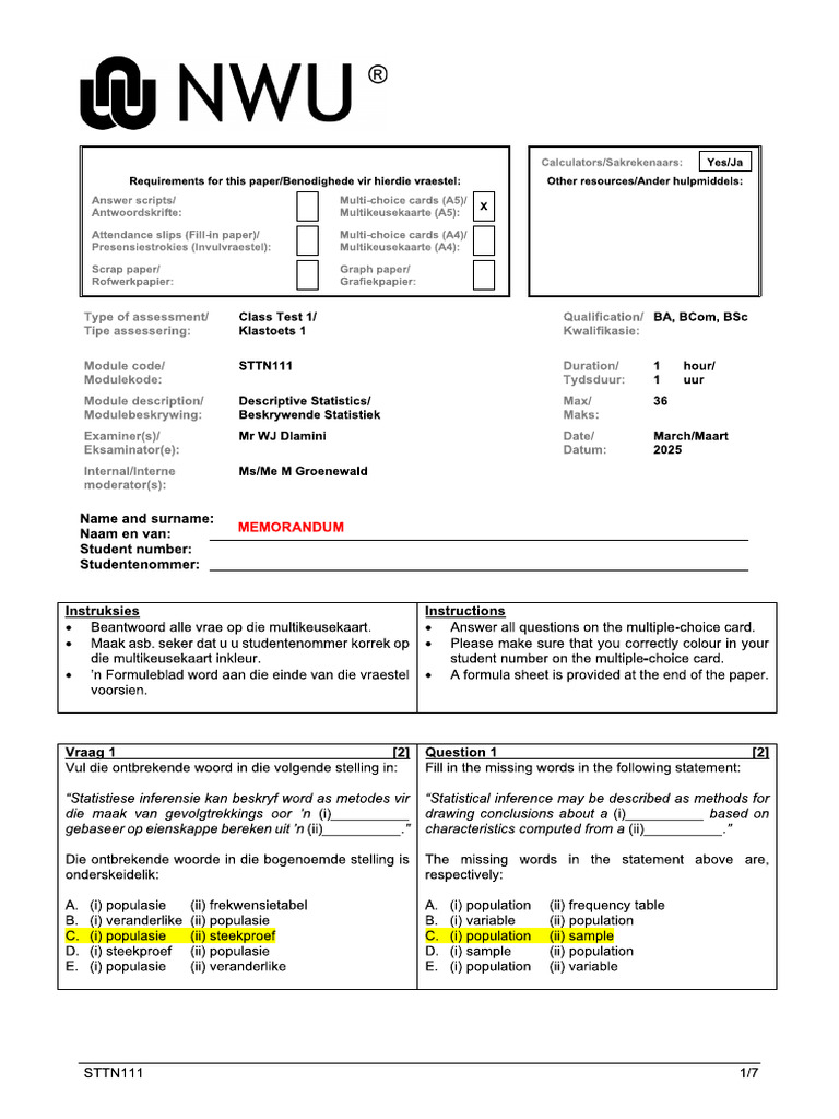 STTN111 - 2025 - Class Test 1 - MEMO - 1 | PDF