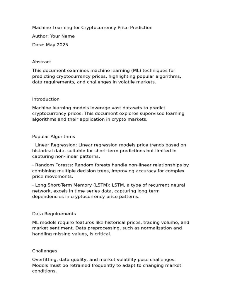 Machine Learning For Cryptocurrency Price Prediction Pdf