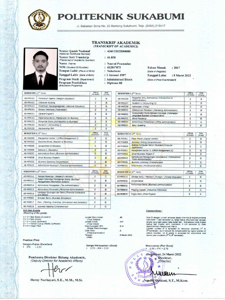 Transkip Nilai Universitas - 240422 - 073835 | PDF