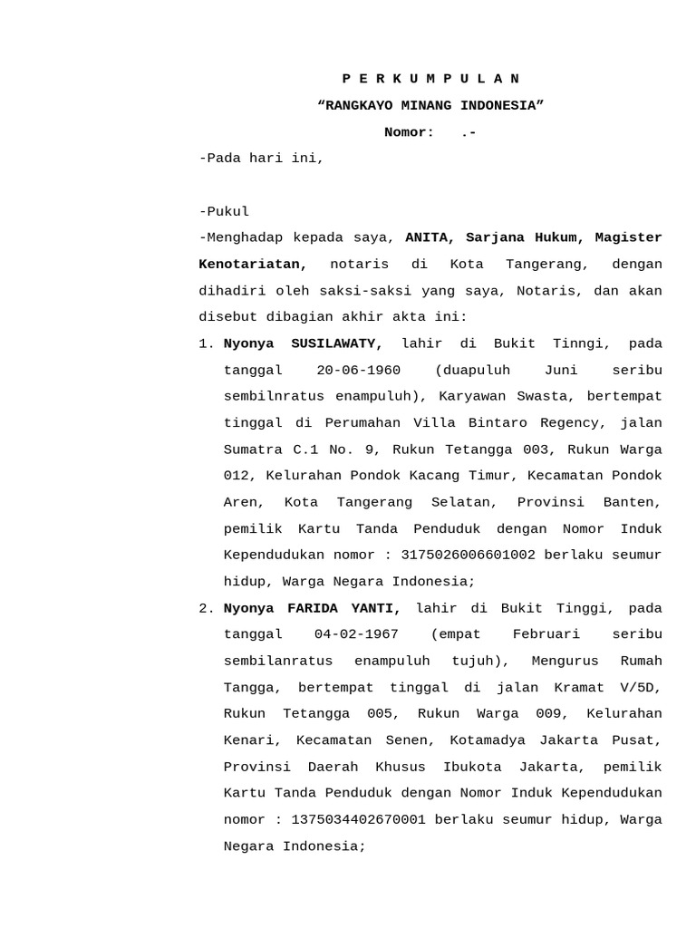 Draft Minuta Akta Perkumpulan Rangkayo Minang Indonesia | PDF