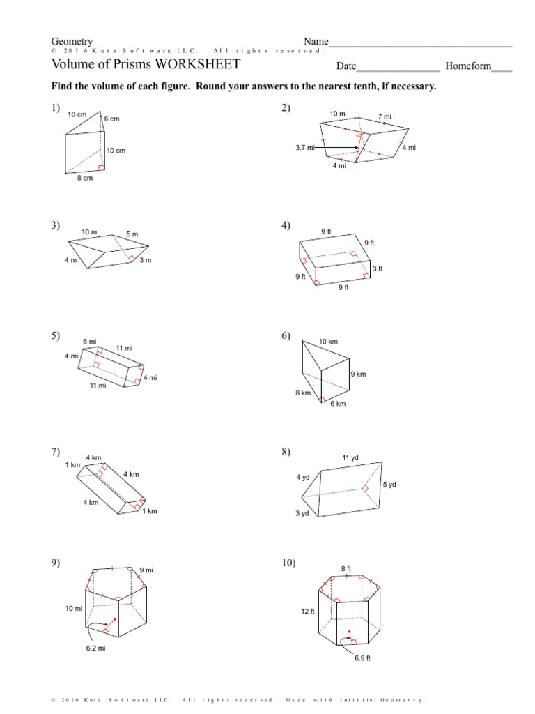 WORKSHEET - Topic 1 - Volume of Prisms | PDF