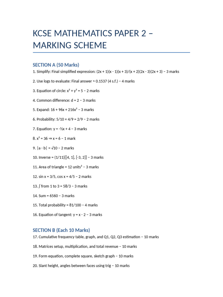 KCSE Mathematics Paper 2 Marking Scheme Full | PDF