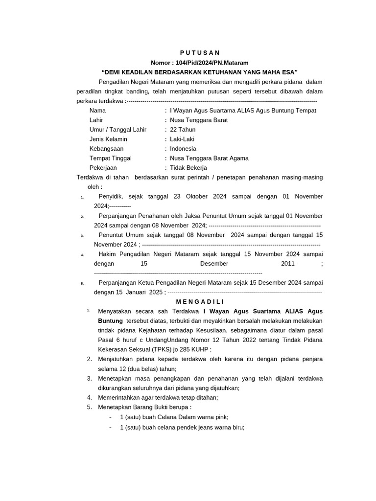 Putusan Pidana Tindak Kekerasan Seksual | PDF