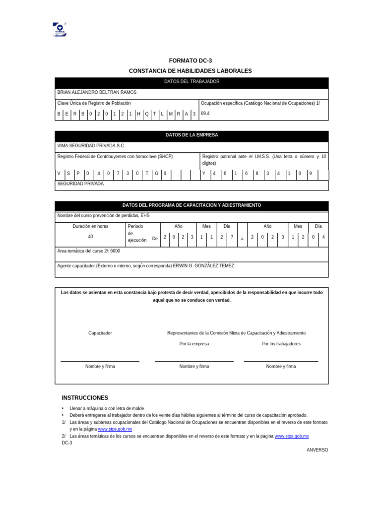 Formato Dc-3 Constancia de Habilidades Laborales: Datos de La Empresa | PDF