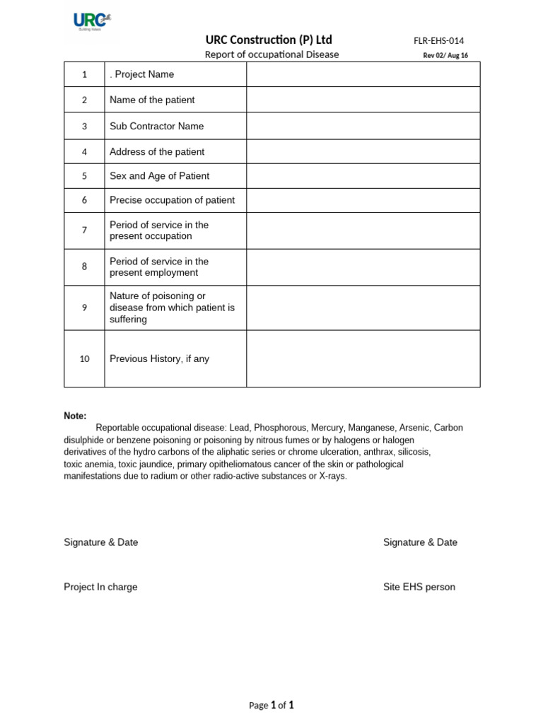 Occupational Disease Report Template | PDF