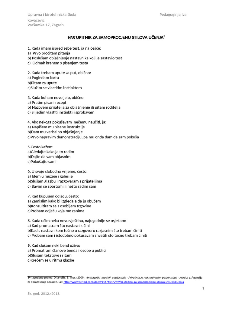 Upitnik Stil Ucenja | PDF