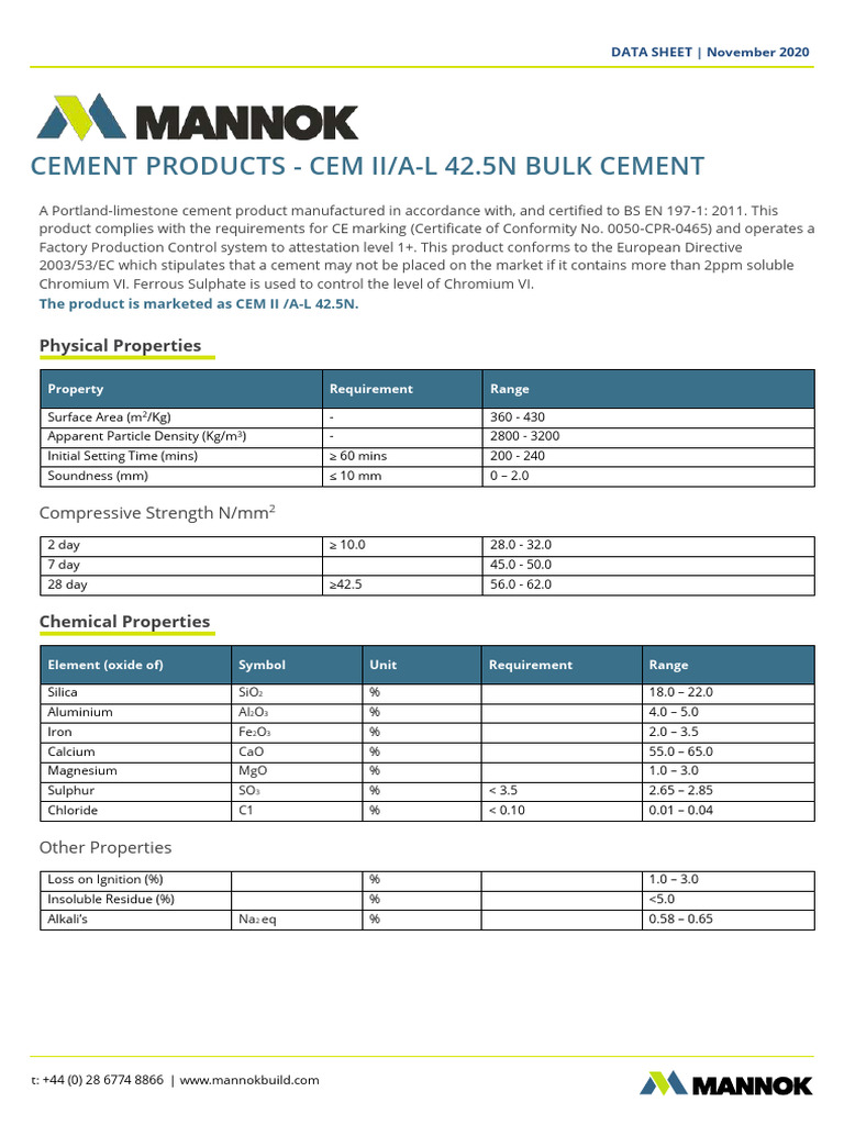 TDS Mannok-CEMII A-L 42.5N BulkCement | PDF | Cement | Chemical Compounds