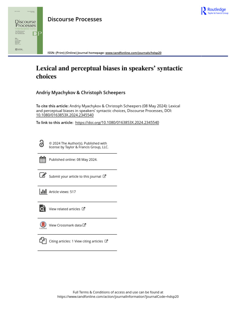 Lexical and Perceptual Biases in Speakers Syntactic Choices | PDF | Priming (Psychology) | Syntax