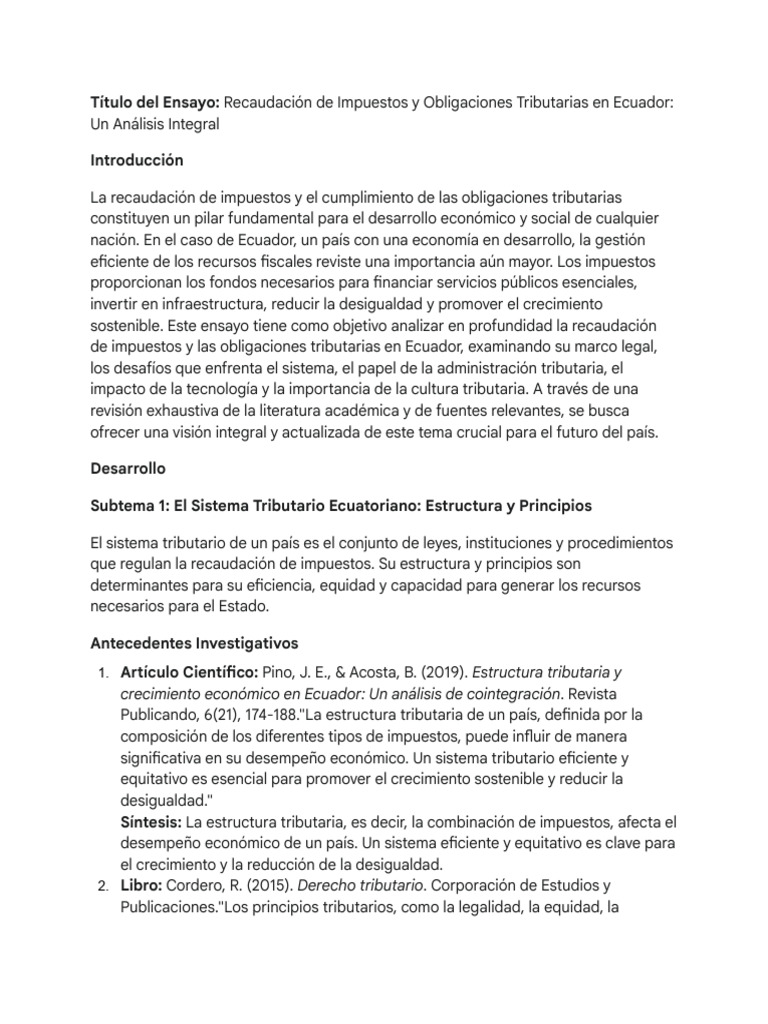 Ensayo Sobre Recaudación de Impuestos y Obligaciones Tributarias en Ecuador | PDF | Evasión de ...
