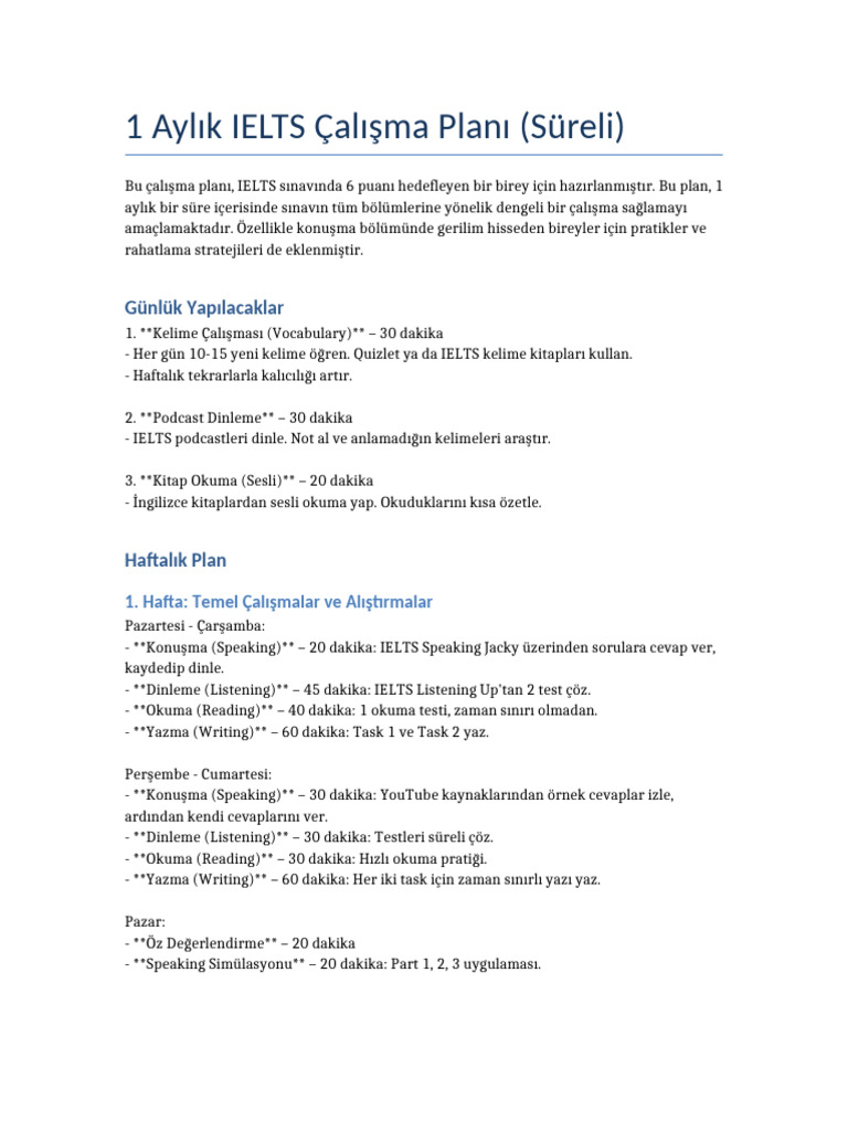 IELTS 1 Aylik Calisma Plani Sureli | PDF