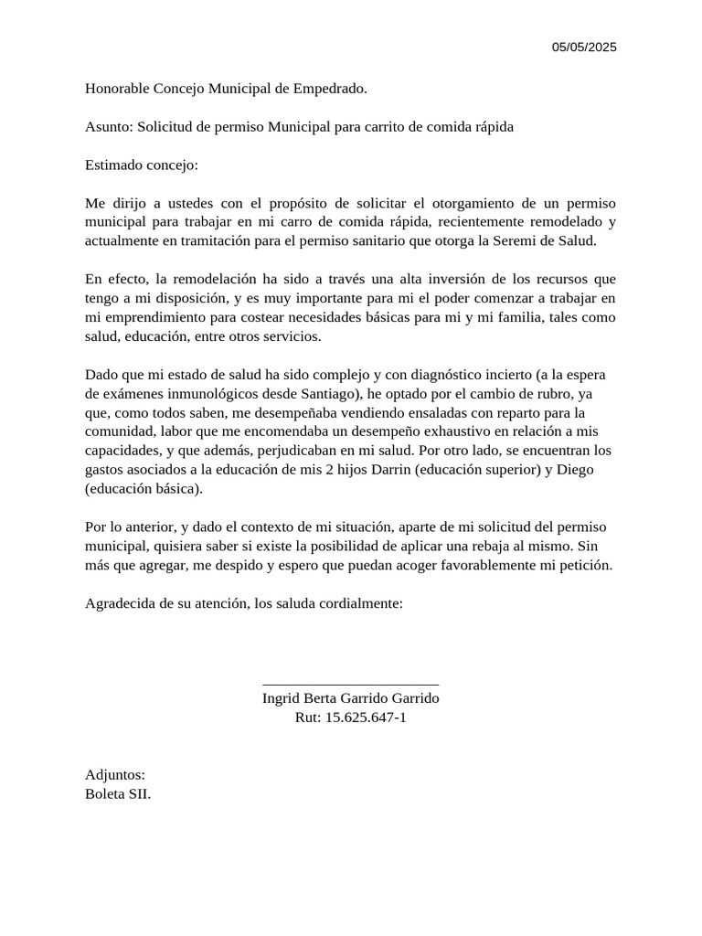 Carta Concejo Municipal Ingrid Garrido. | PDF