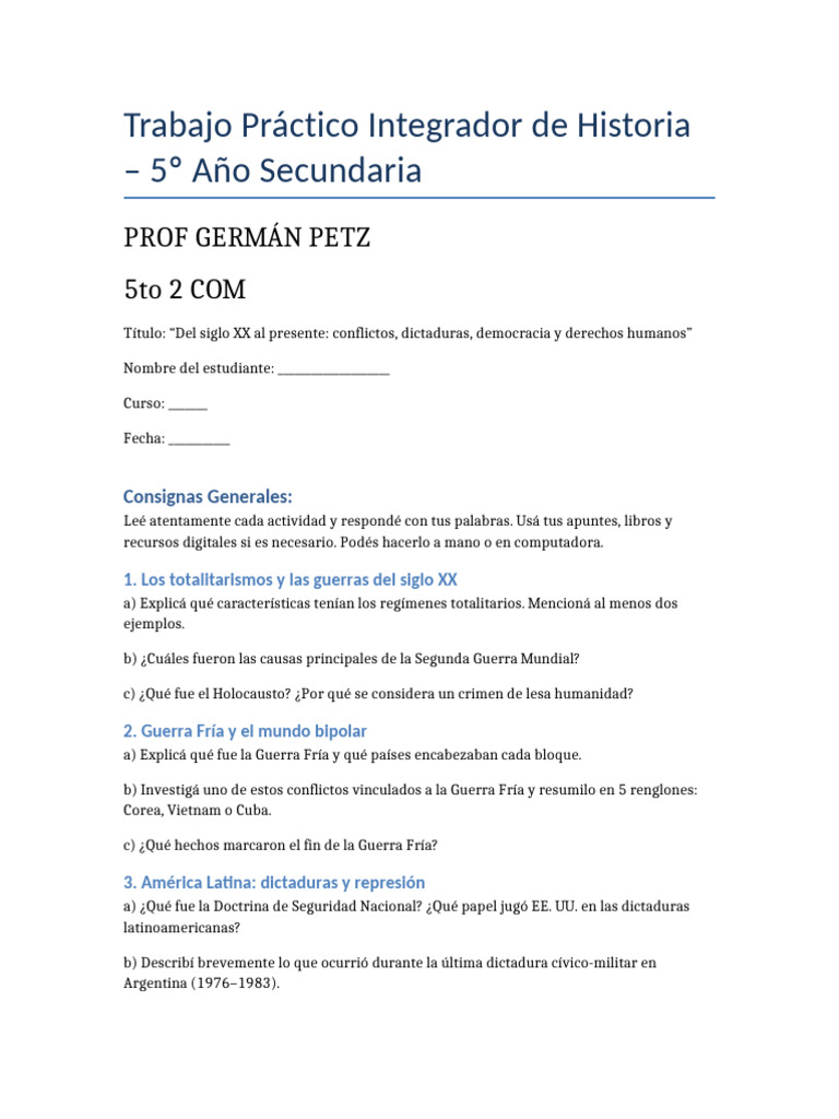 Trabajo Practico Integrador Historia 5to | PDF