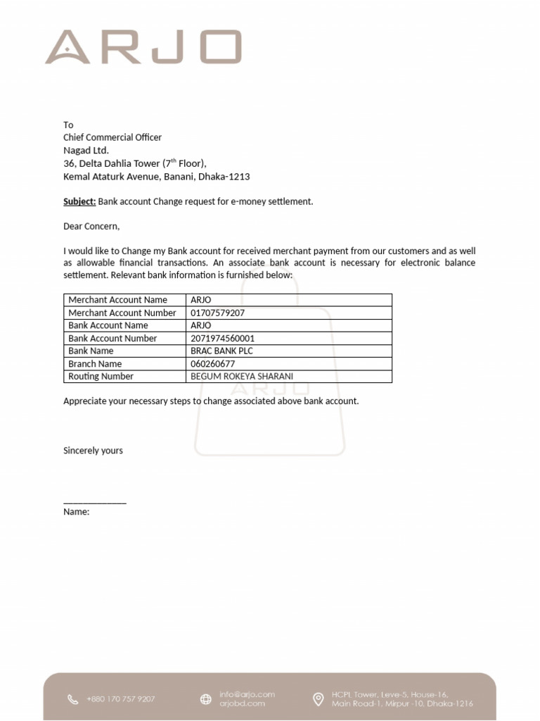 LOI Bank Account Change Letter | PDF