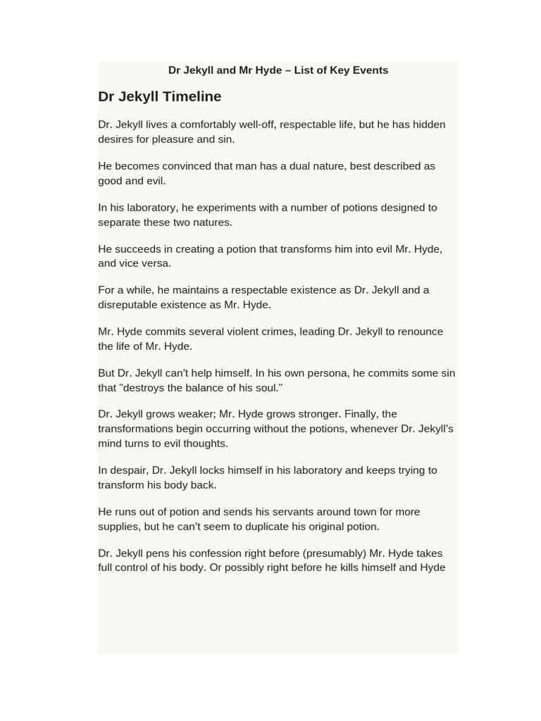 Jekyll and Hyde: Key Events Timeline | PDF | Dr. Jekyll And Mr. Hyde ...