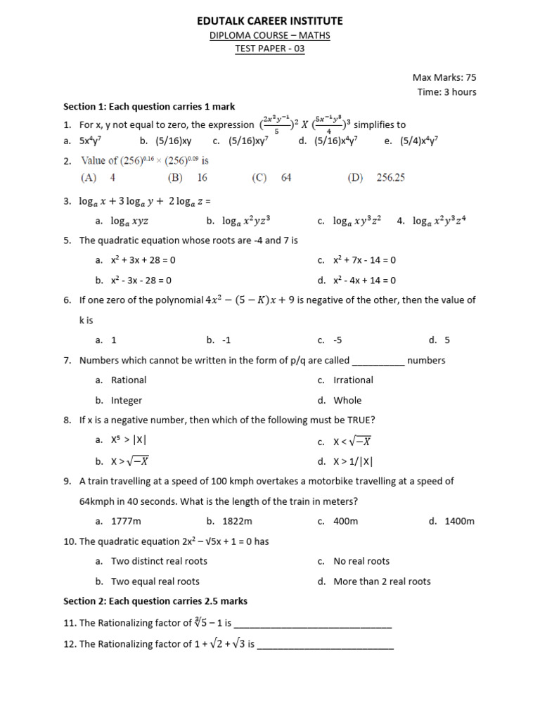 Maths Diploma Test Paper 03 | PDF | Factorization | Mathematics