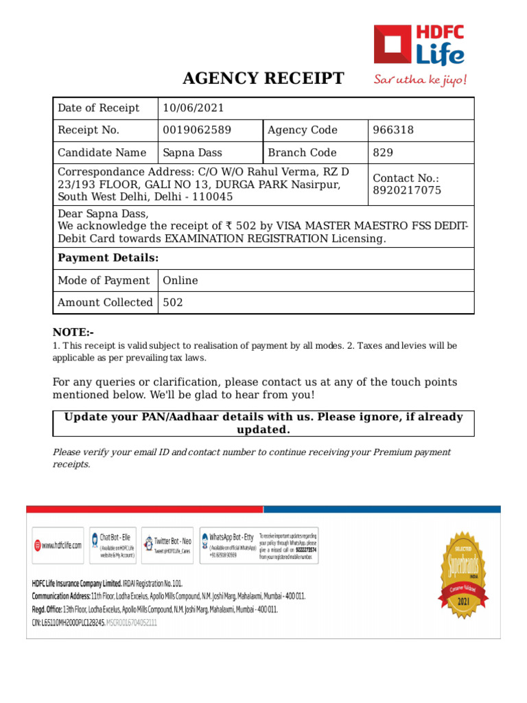 Agency Receipt: Payment Details | PDF