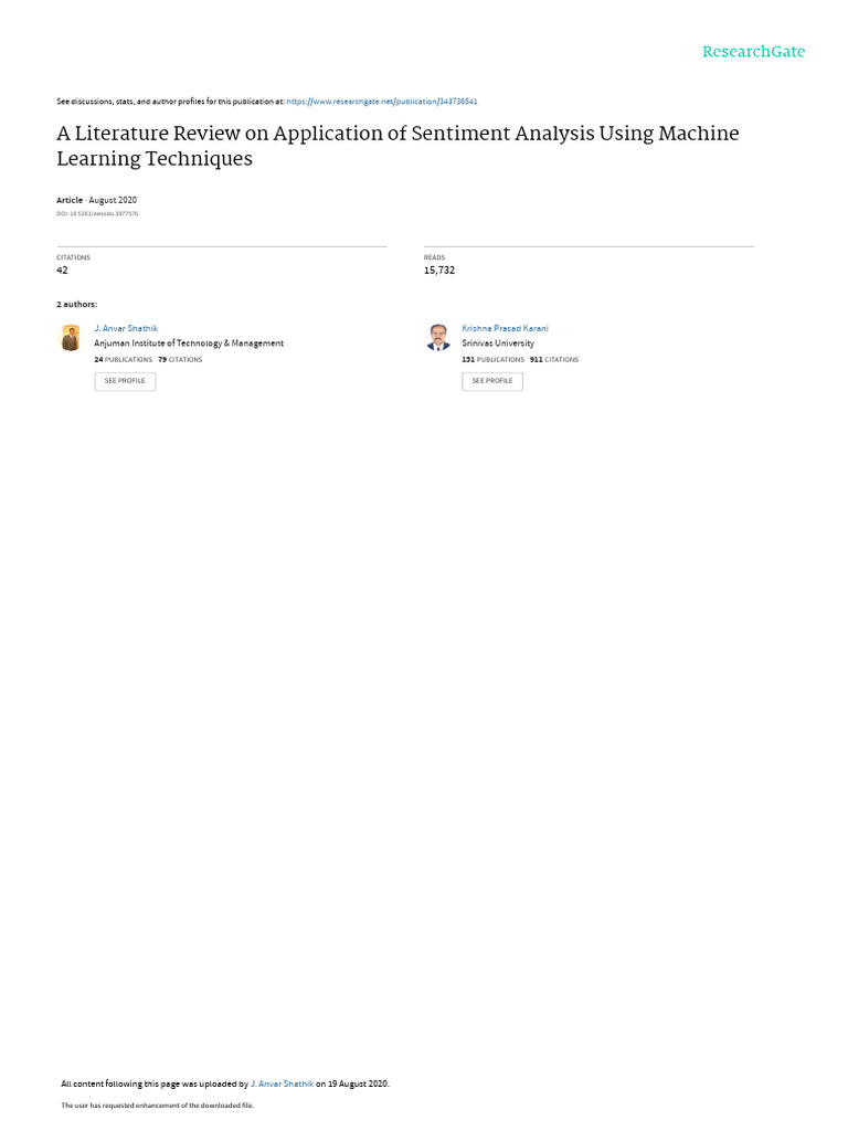 A Literature Review On Application of Sentiment Analysis Using Machine Learning Techniques | PDF ...