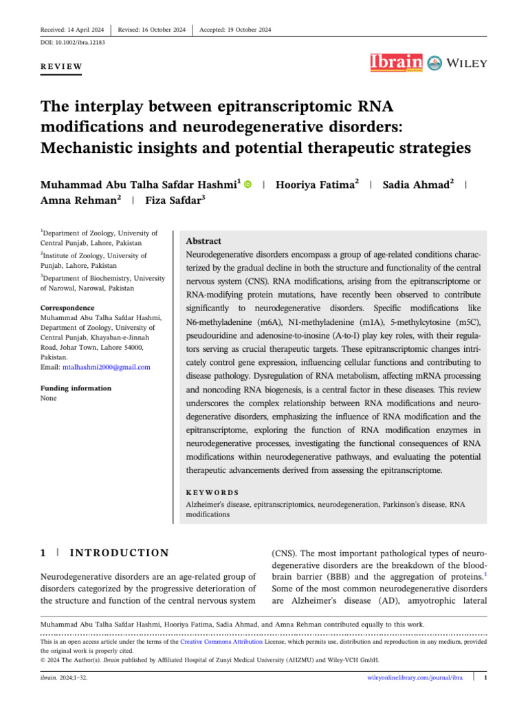 The Interplay Between Epitranscriptomic Rna Modifications And Neurodegenerative Disorders