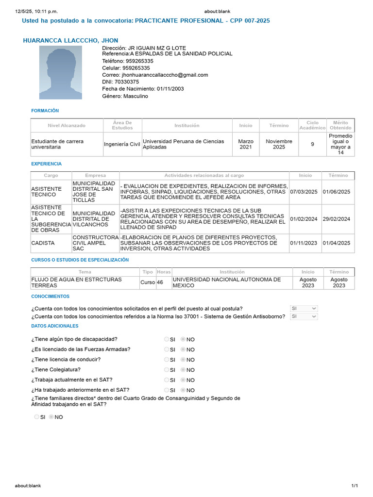 Postulación a Practicante Profesional CPP 007-2025 | PDF