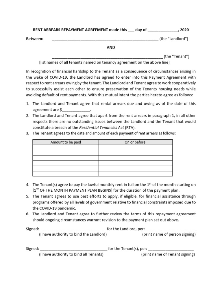 COVID 19 Rent Arrears Repayment Agreement2 | PDF