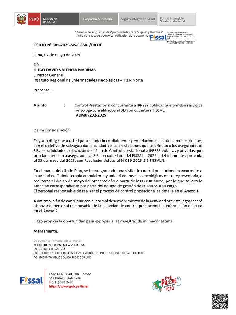 OFICIO N°381-2025-SIS-FISSAL-DICOE- IREN NORTE | PDF | Quimioterapia | Cuidado de la salud