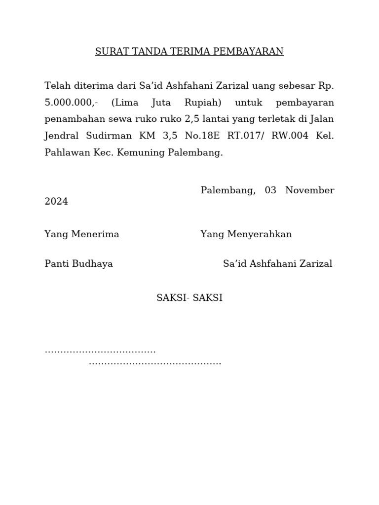 Tanda Terima Pembayaran Sewa Ruko | PDF