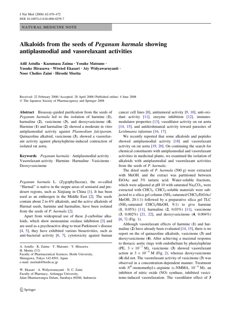 Harmine and Harmaline: Antiplasmodial Effects | PDF