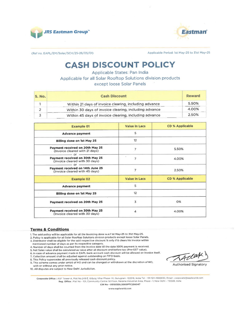 Cash Discount Policy-Solar May'25 | PDF