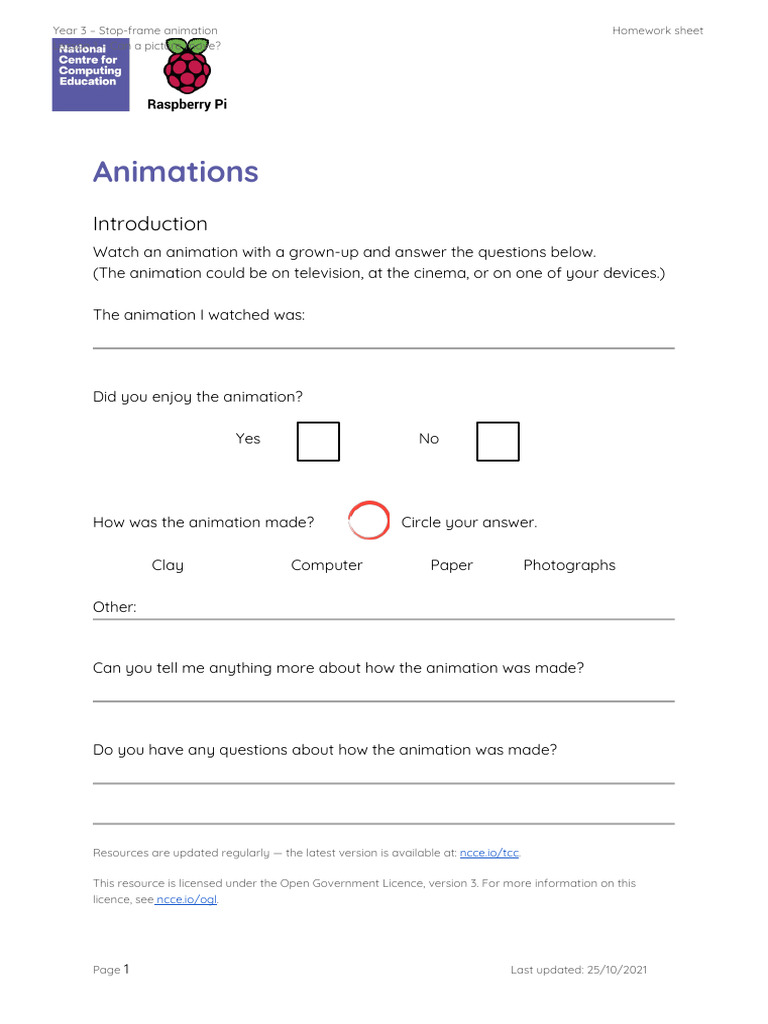 Year 3 Homework: Animation Exploration | PDF