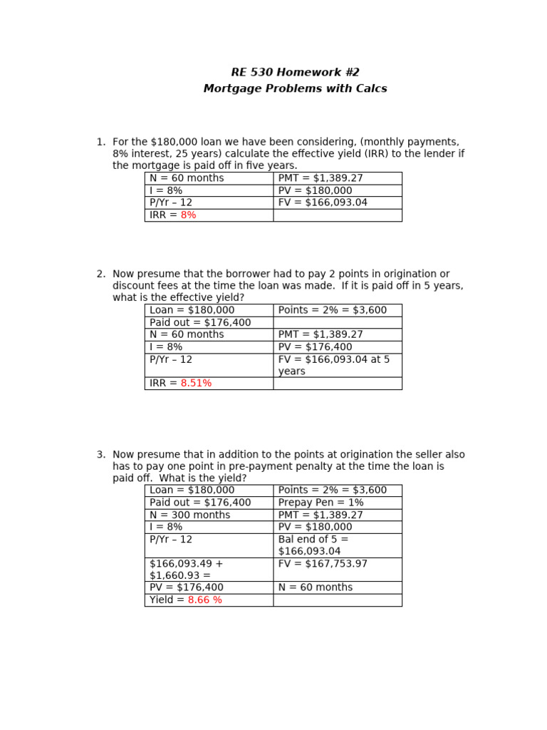 RE530 Homework #2 With Calcs | PDF | Mortgages | Loans